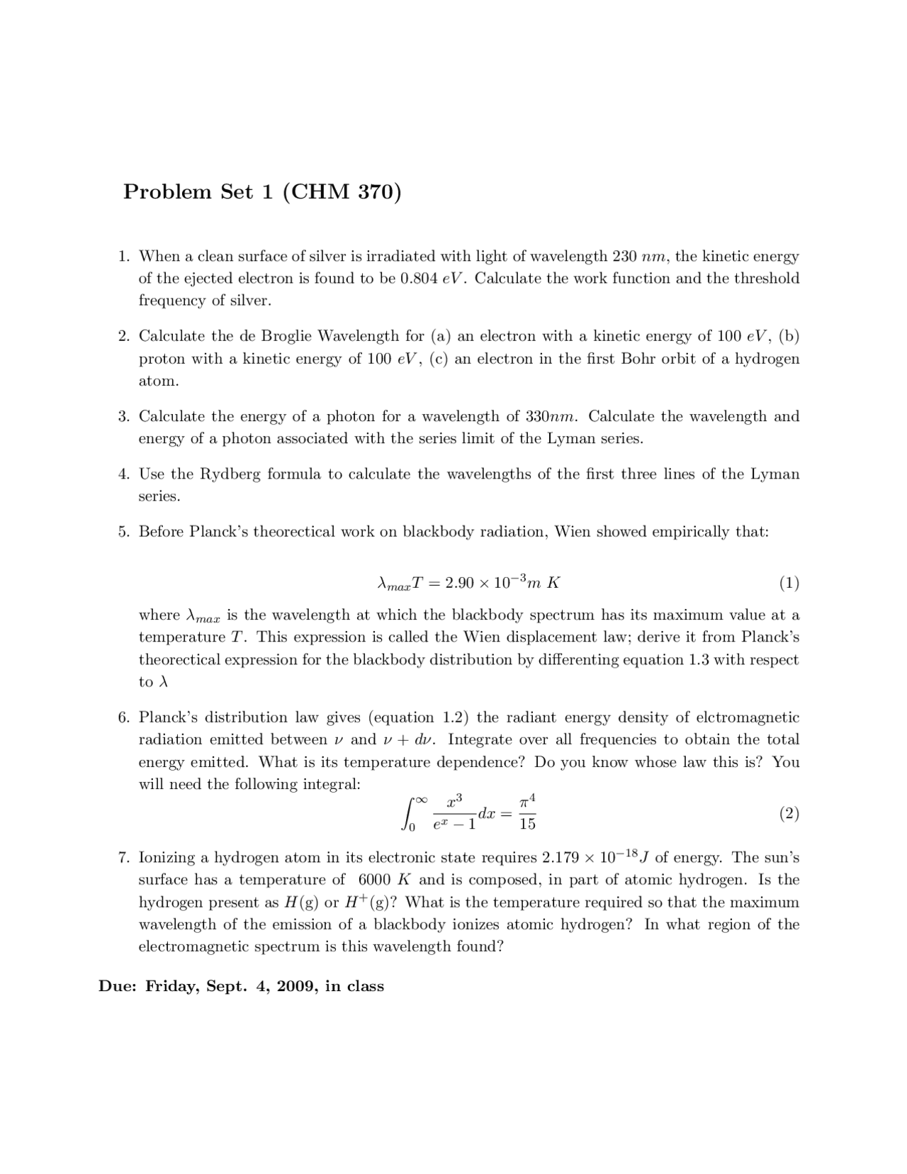 7 Questions For Problem Set 1 Topics In Physical Chemistry Chm