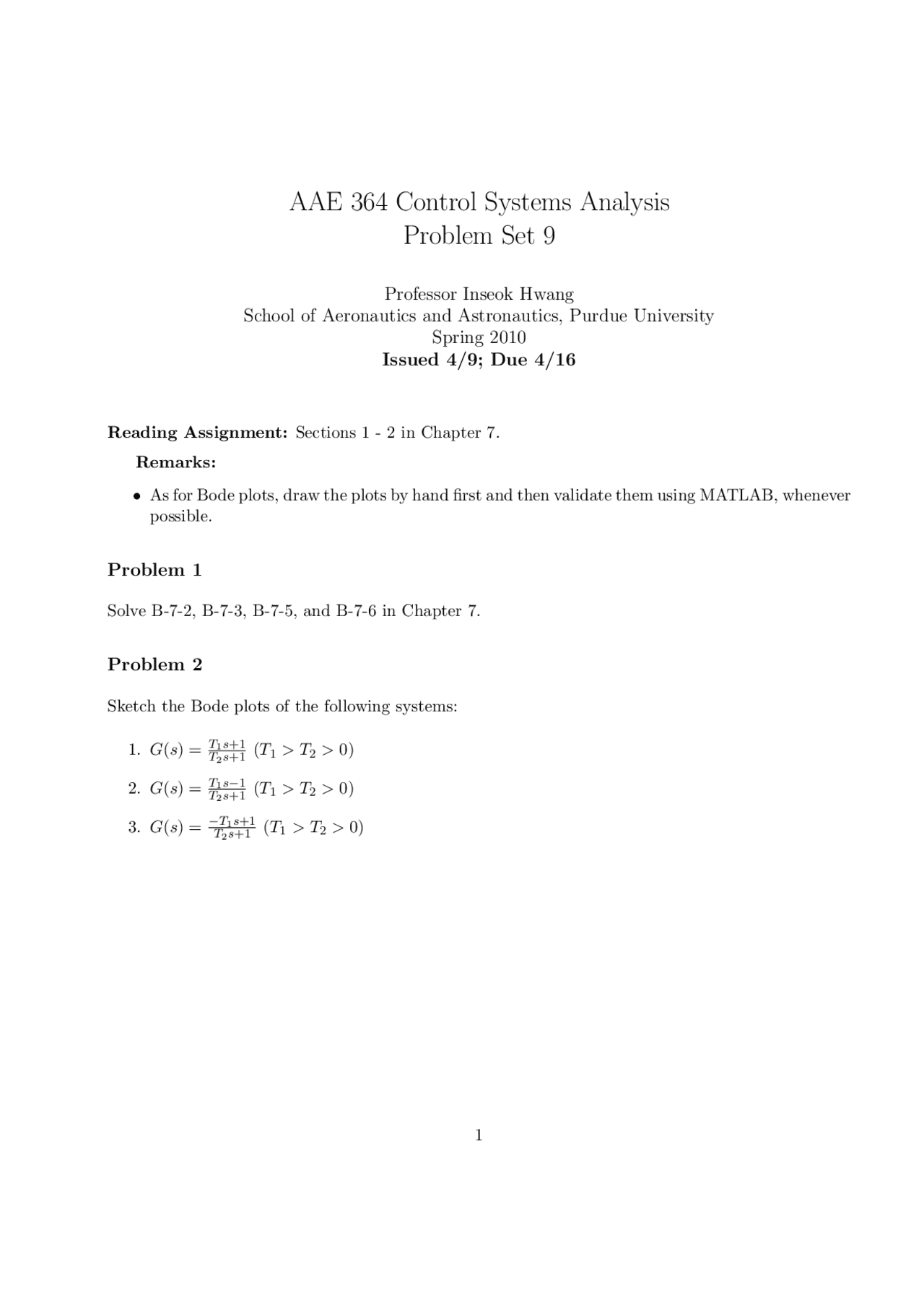 Problems On Control System Analysis Problem Set 9 Aae 36400 Docsity