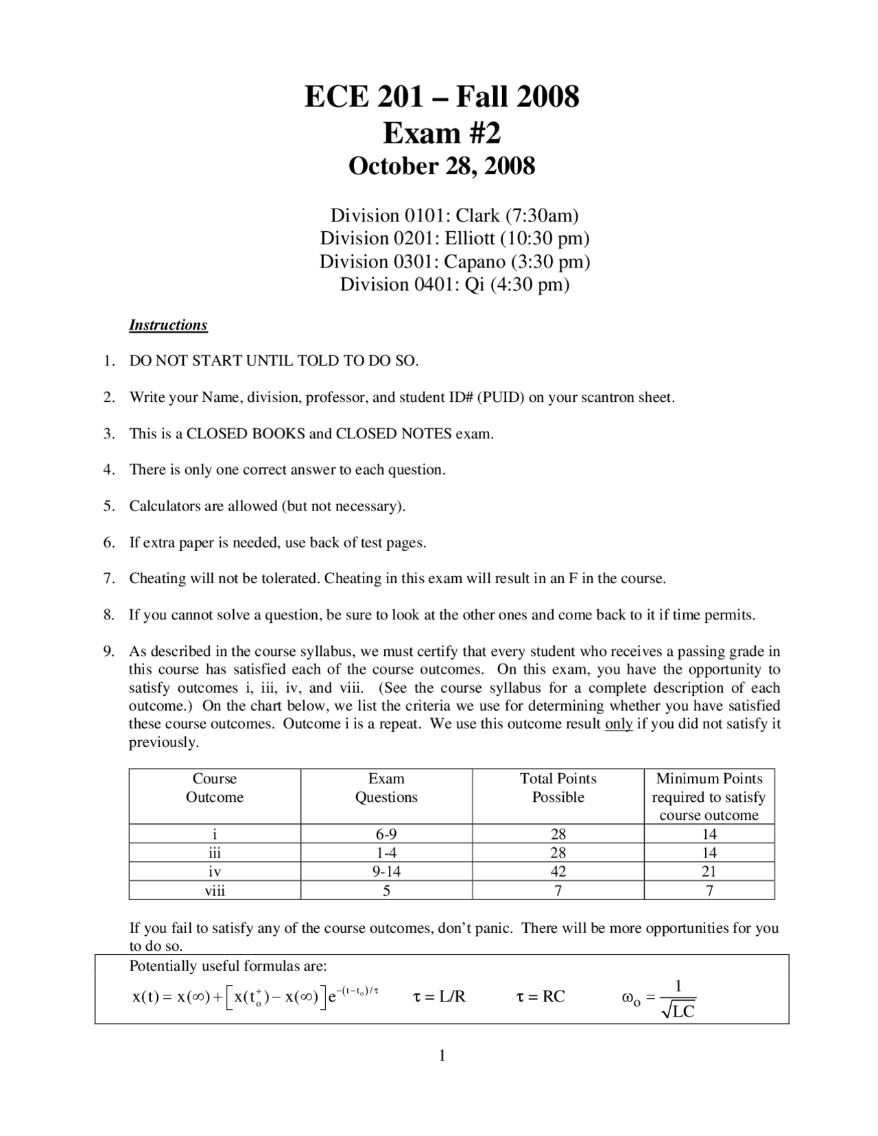 Exam 2 Fall 2008 Linear Circuit Analysis I Ece 20100 Docsity