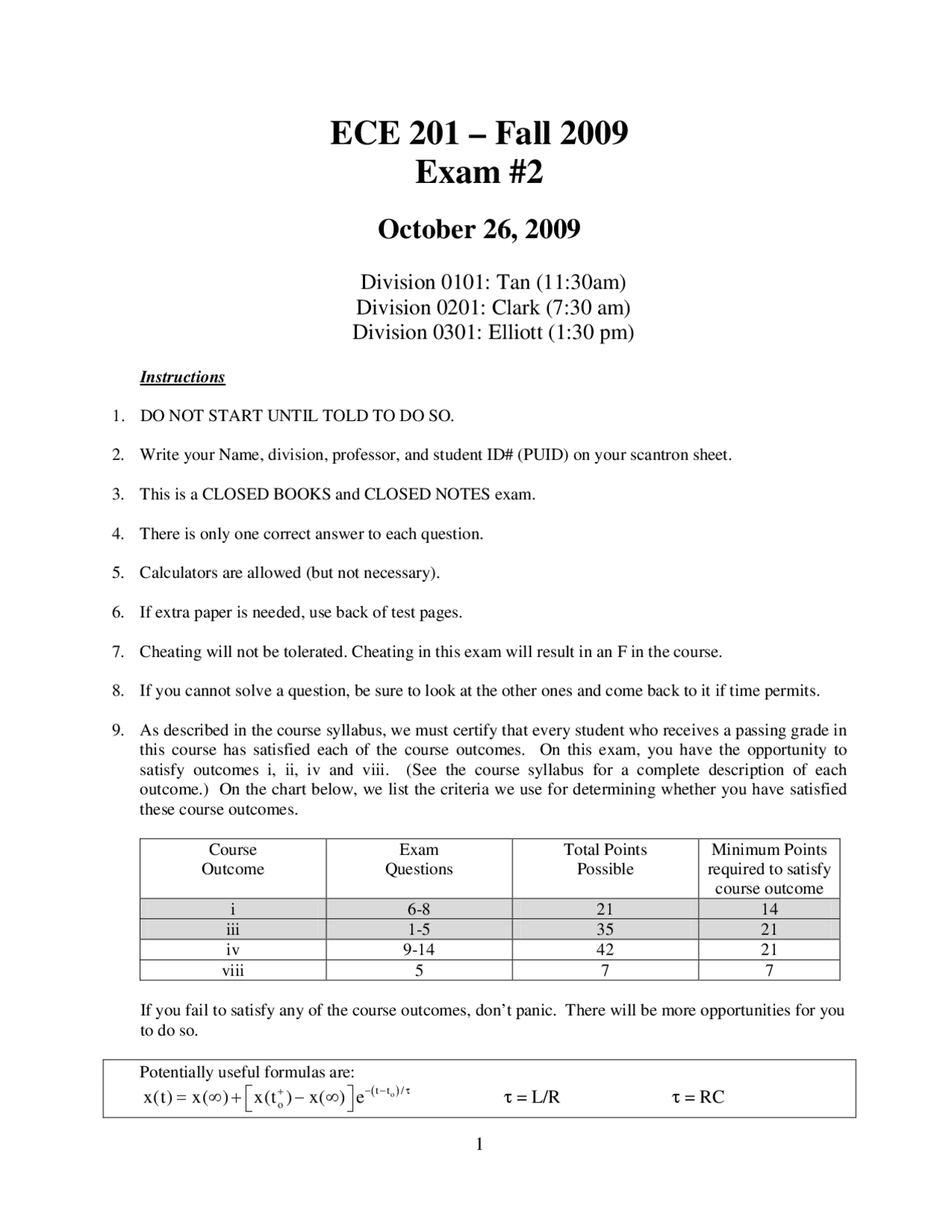 Linear Circuit Analysis I - Old Exam 2009 | ECE 20100 - Docsity