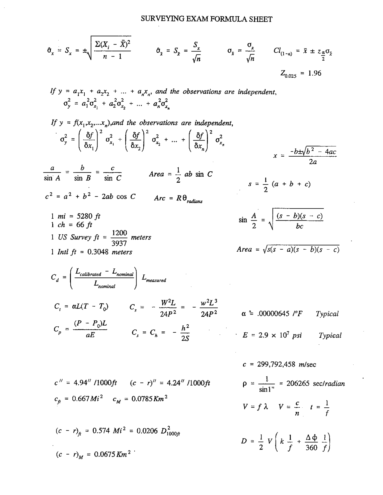 Principles and Practice of Geometrics Surveying Exam Formulas Sheet ...