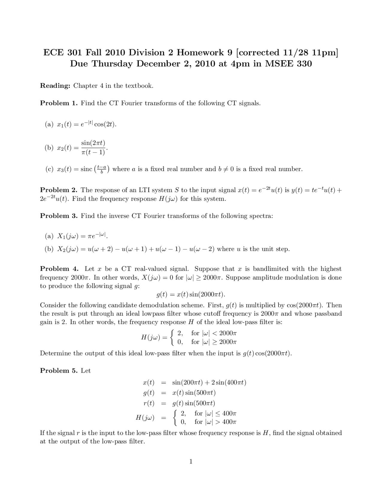 Signals And Systems Solutions To Homework 9 Ece 30100 Docsity