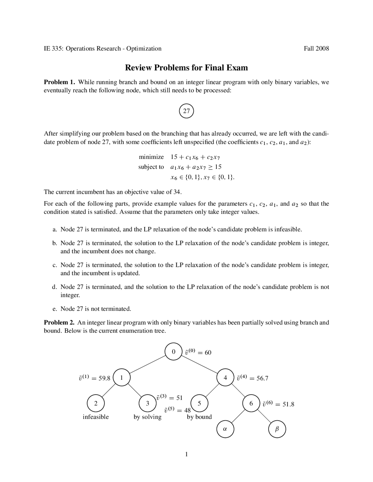 Review Problems For Final Exam Operations Research Optimization
