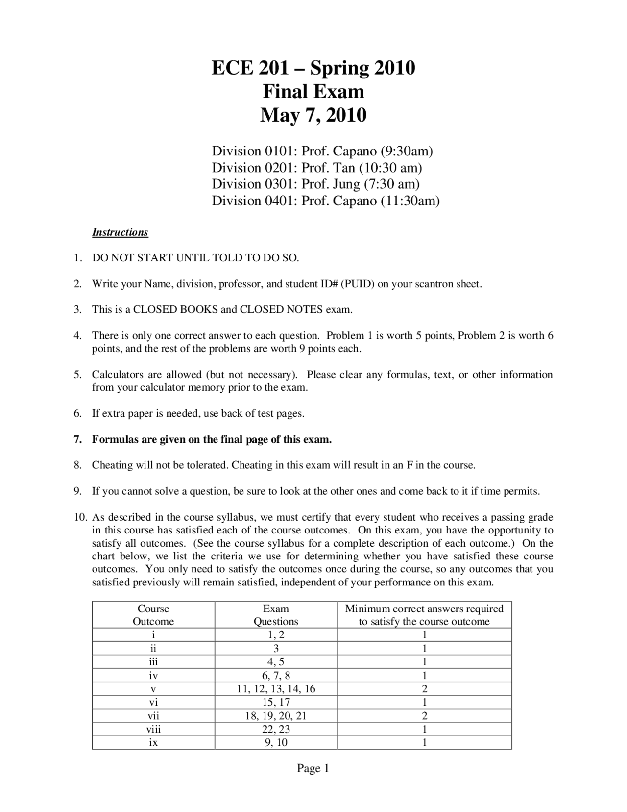 Linear Circuit Analysis I Final Examination Ece 20100 Docsity