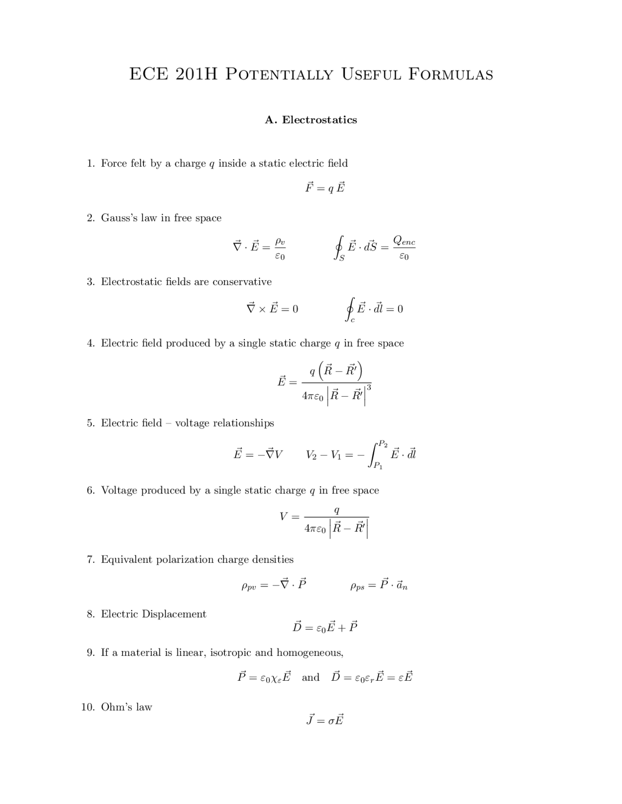 Electrostatics - Potentially Used Formulas - Linear Circuit Analysis I | ECE 20100 - Docsity