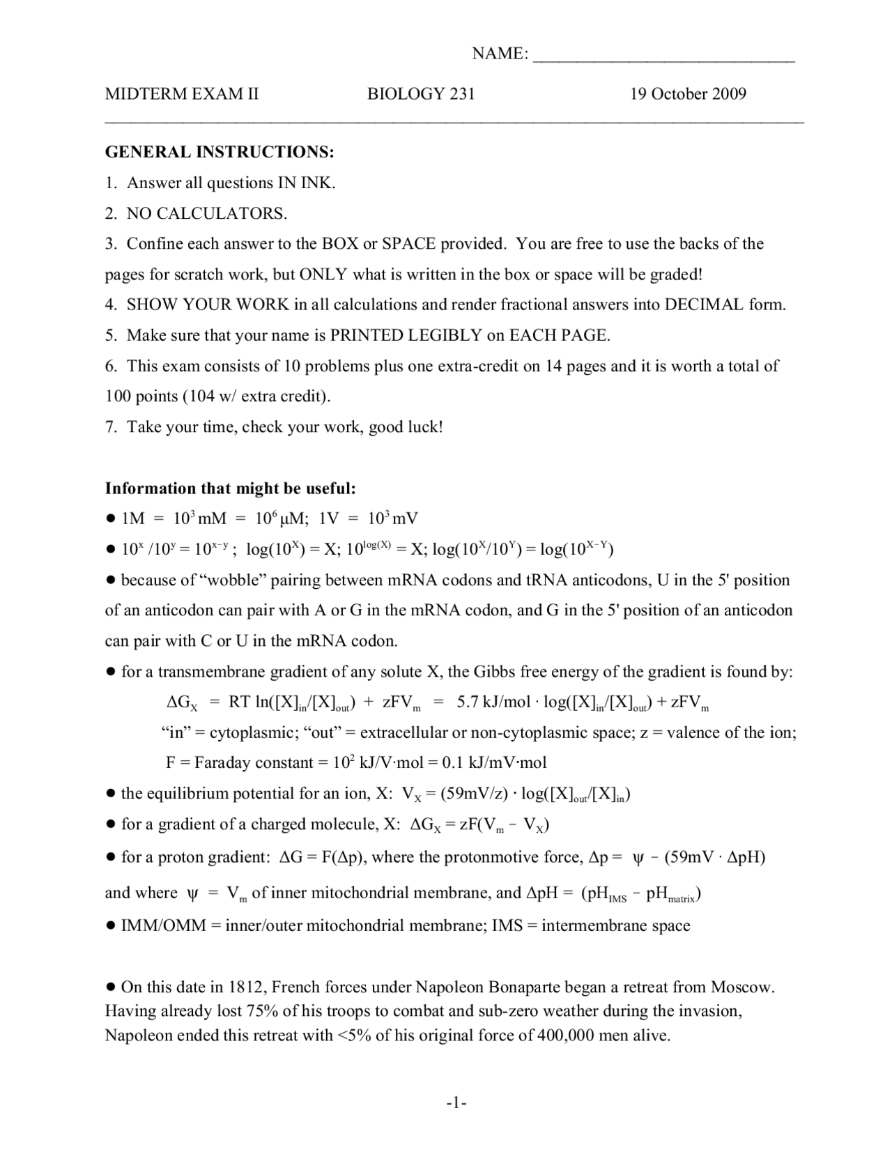 Biology Iii Cell Structure And Function Sample Exam Ii Biol 23100
