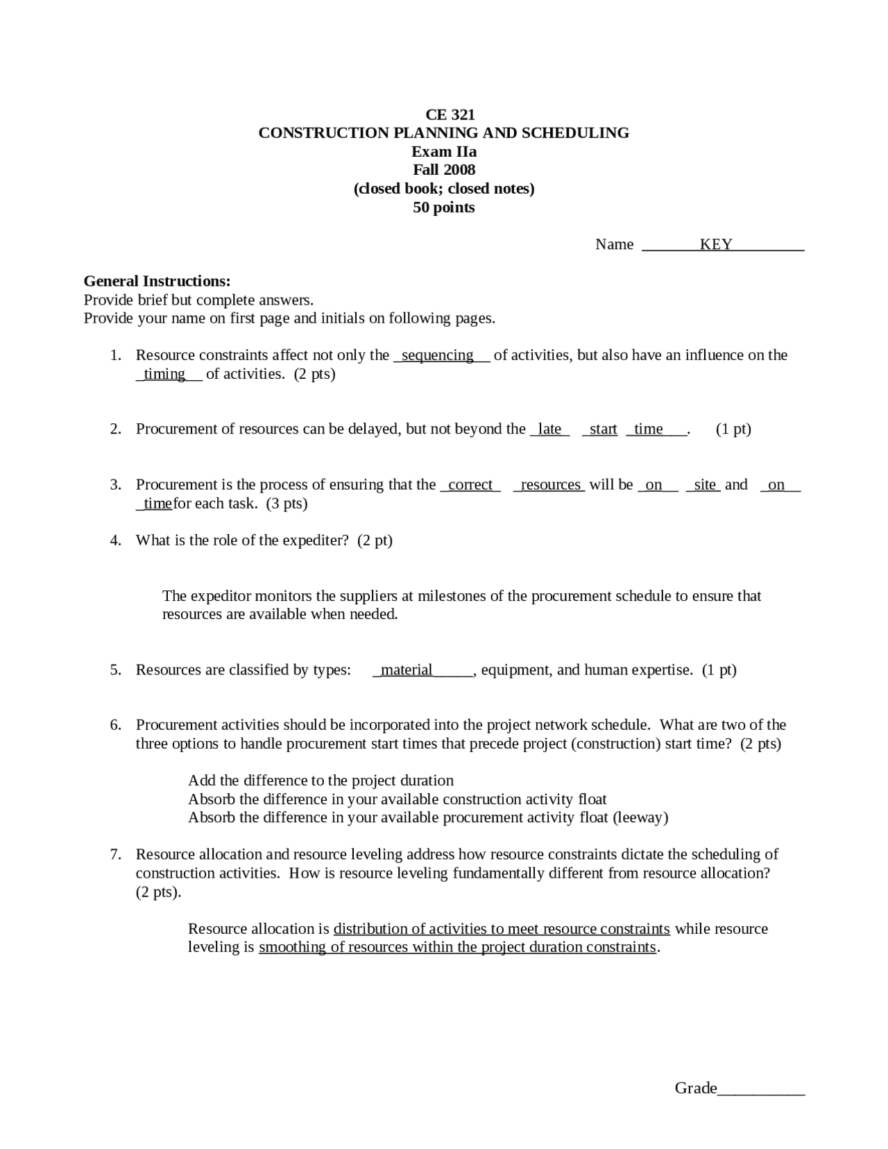 Exam II Solved for Construction Planning And Scheduling | CE 32100 ...