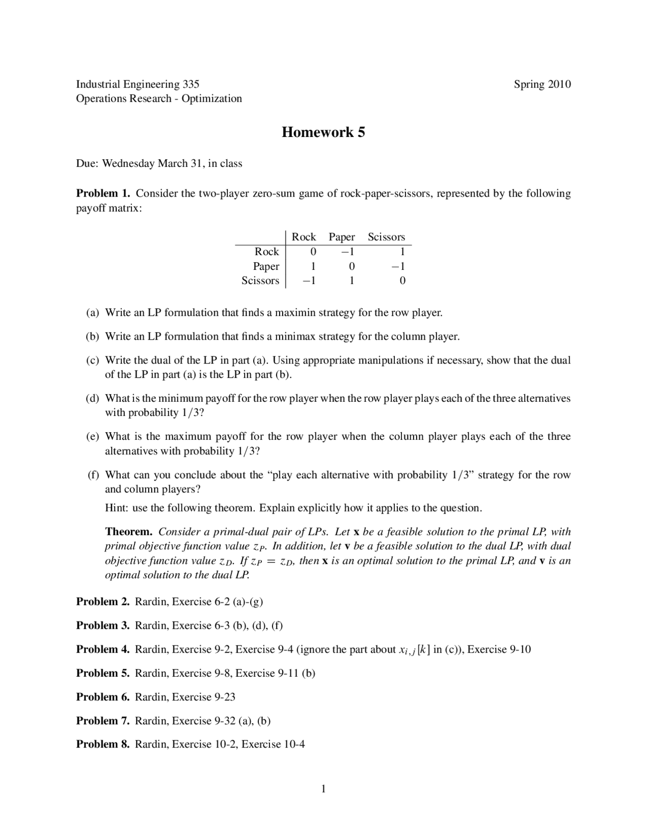 Homework 5 With Solutions Operations Research Optimization Ie
