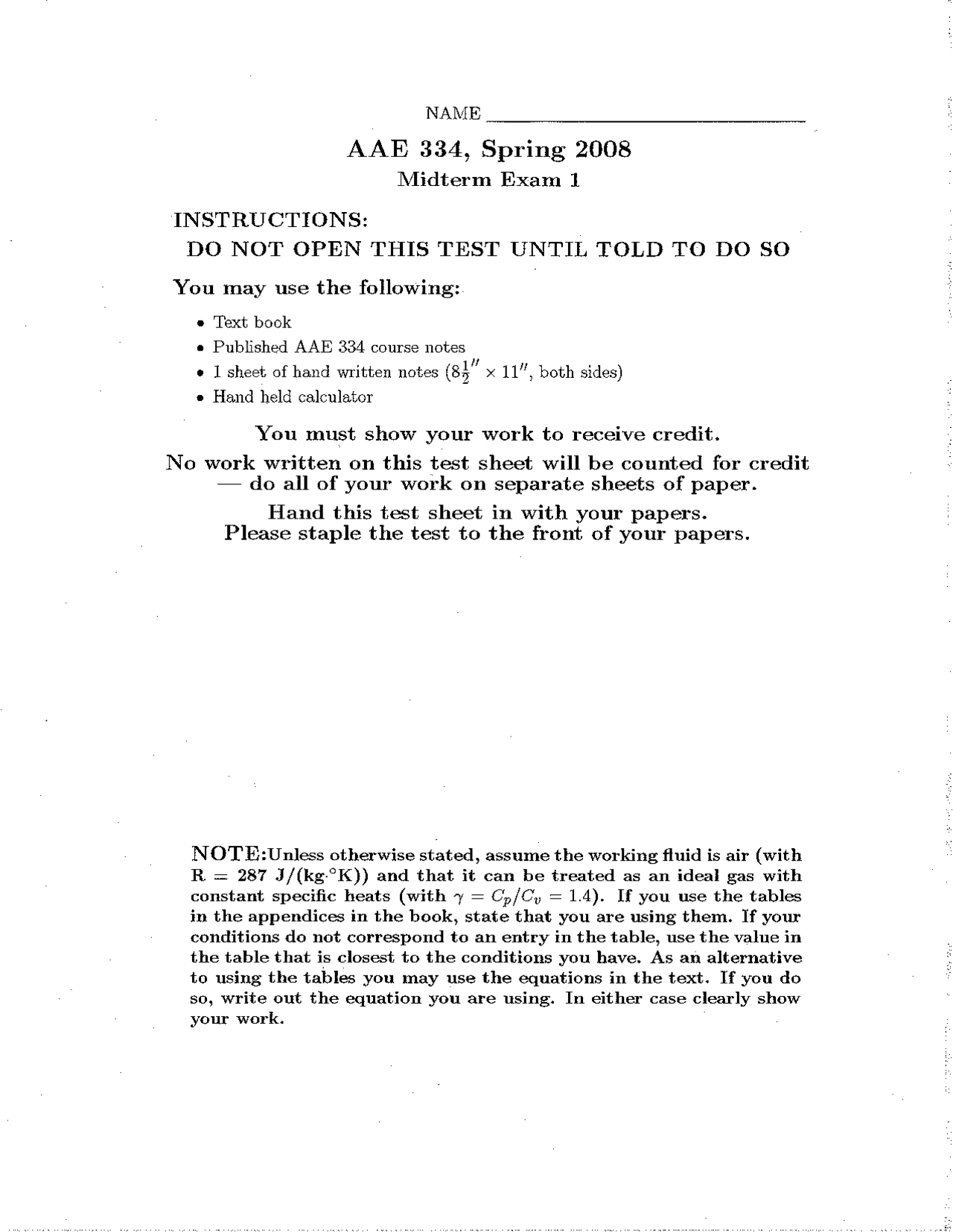 Midterm Exam 1 With Solution Aerodynamics Aae 33400 Docsity