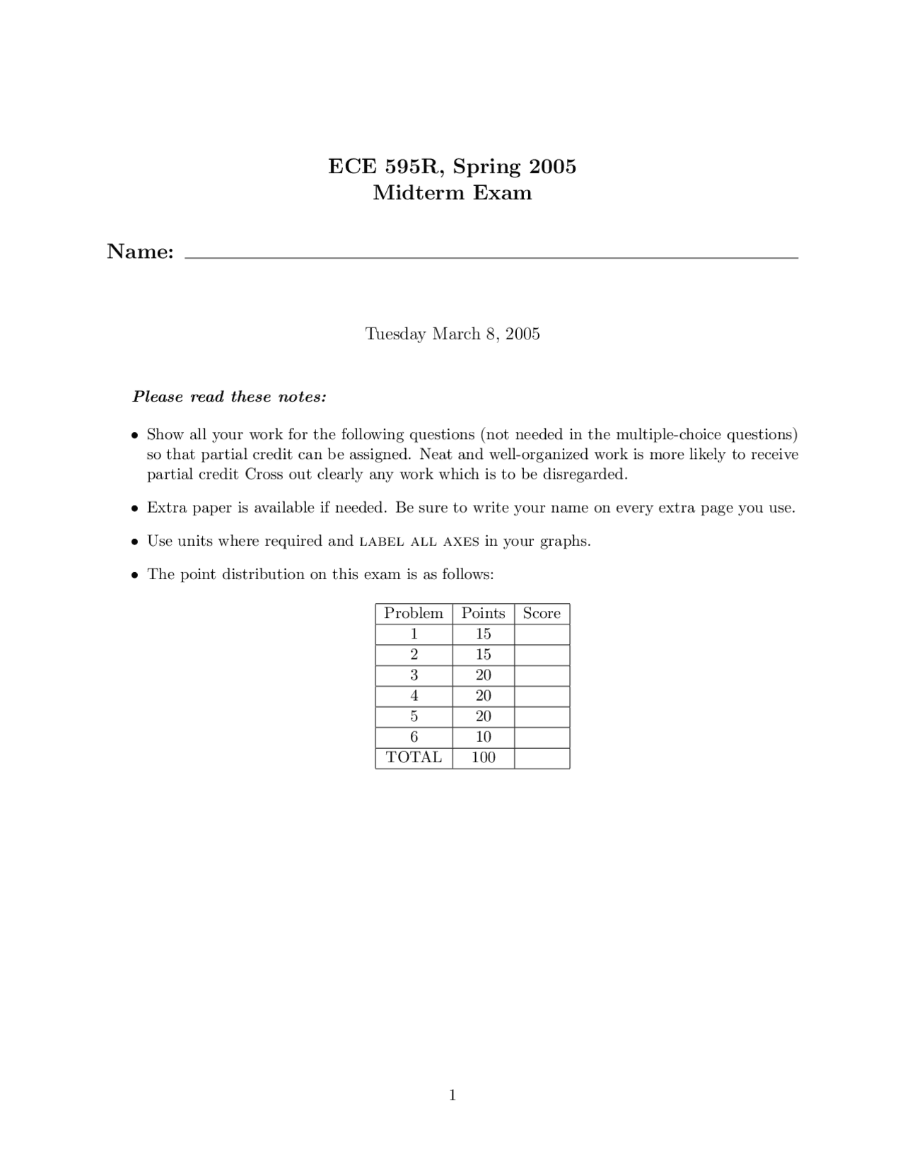 Midterm Exam Solved Questions Fall 2005 Ece 59500 Docsity