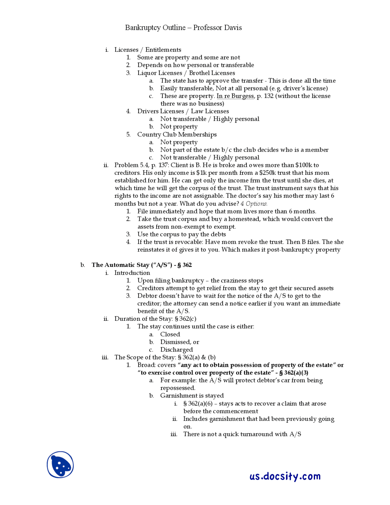 Automatic Stay, Notice, FIling, Liquidation, Homestead - Docsity