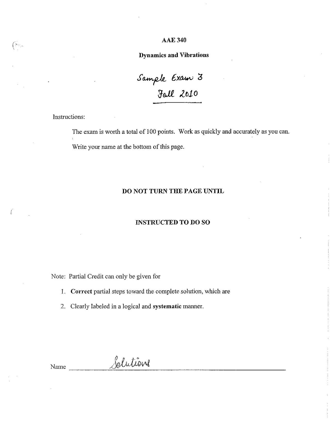 Sample Exam 3 Solutions For Dynamics And Vibrations Aae 34000 Docsity
