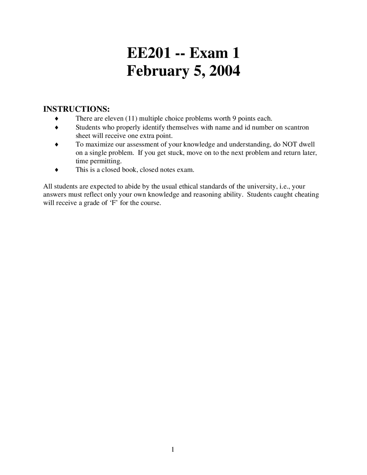 Exam 1 For Linear Circuit Analysis I 2004 Ece 20100 Docsity