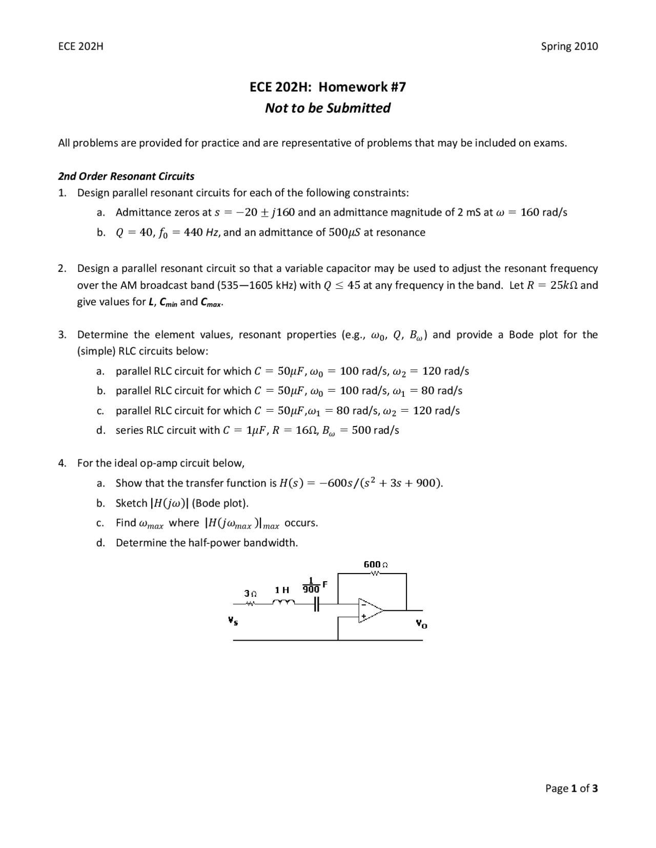 Homework 7 Linear Circuit Analysis Ii Spring 2010 Ece 20200 Docsity