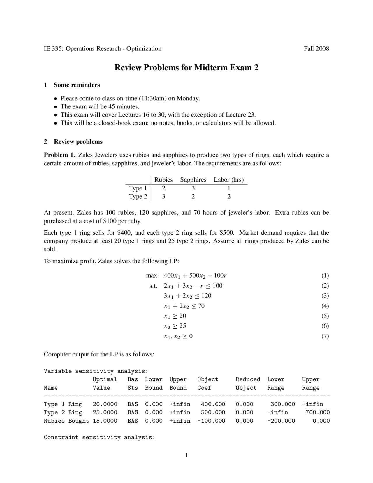 Review Problems For Midterm Exam 2 Operations Research Optimization