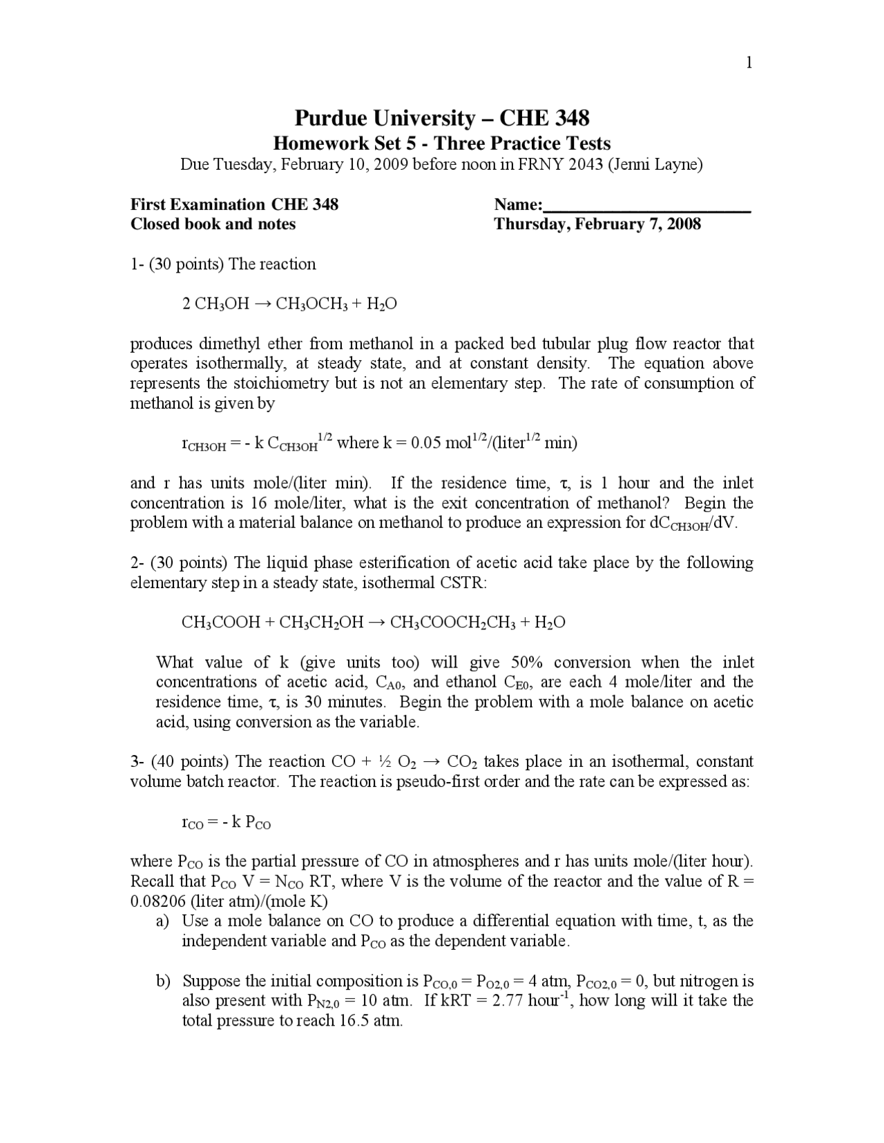 Three Practice Tests - Homework Set 5 - Chemical Reaction Engineering ...