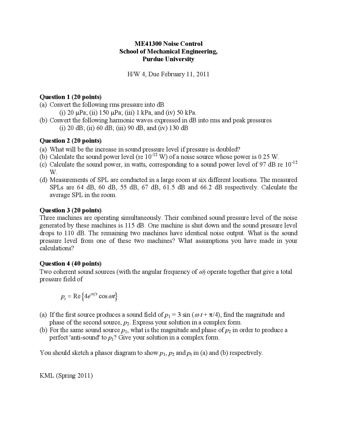 3 Solved Questions Noise Control Homework 4 Me 41300 Docsity