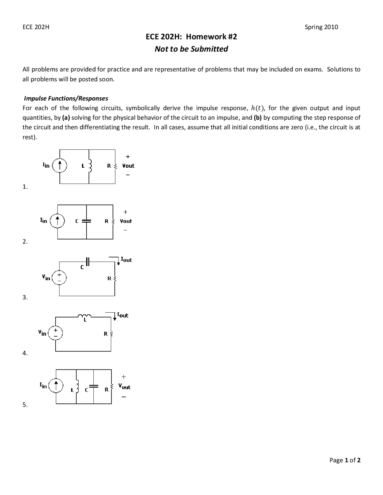 Impulse Functions Homework 2 - Linear Circuit Analysis II | ECE 20200 - Docsity