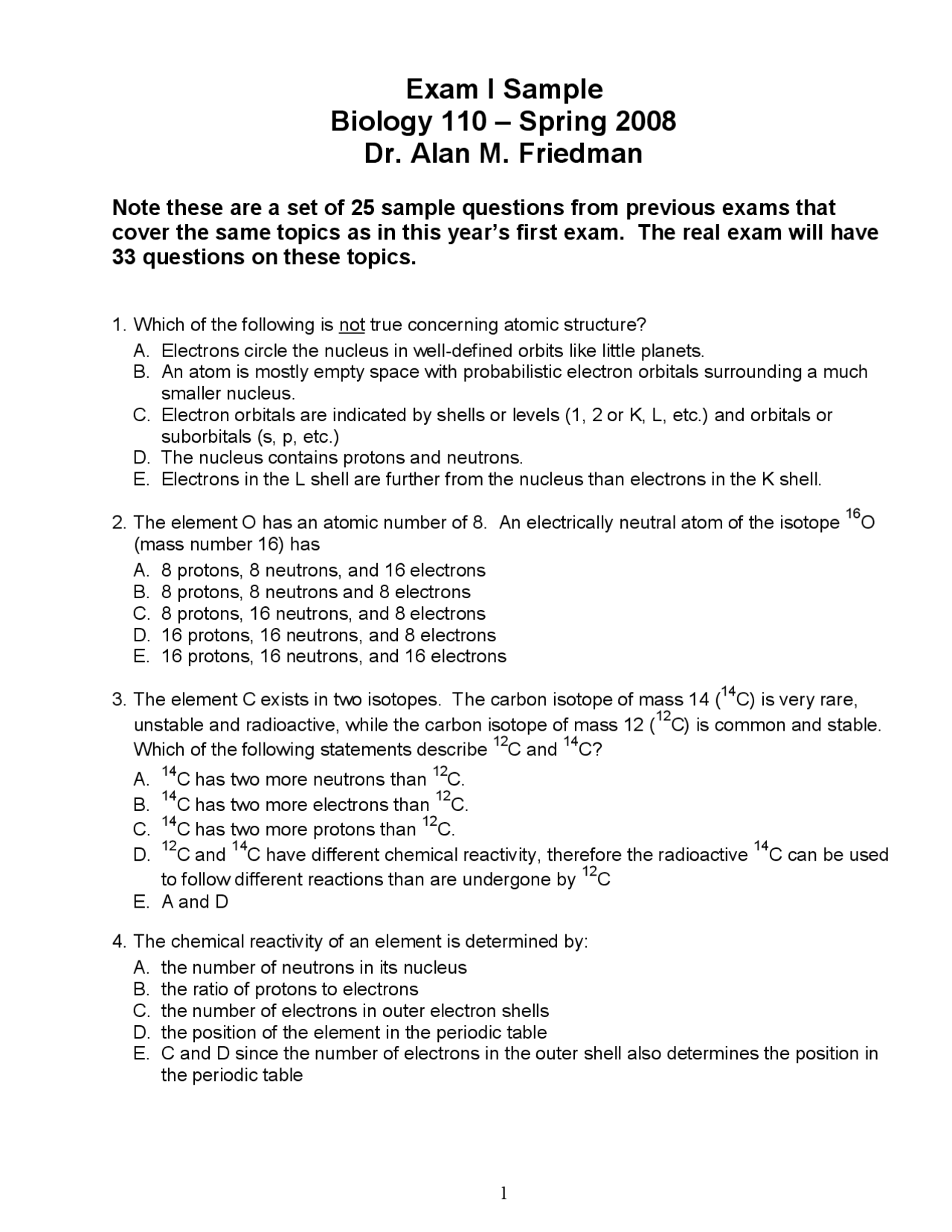 25 Problems on Elements of Isotope - Exam 1 | BIOL 11000 - Docsity
