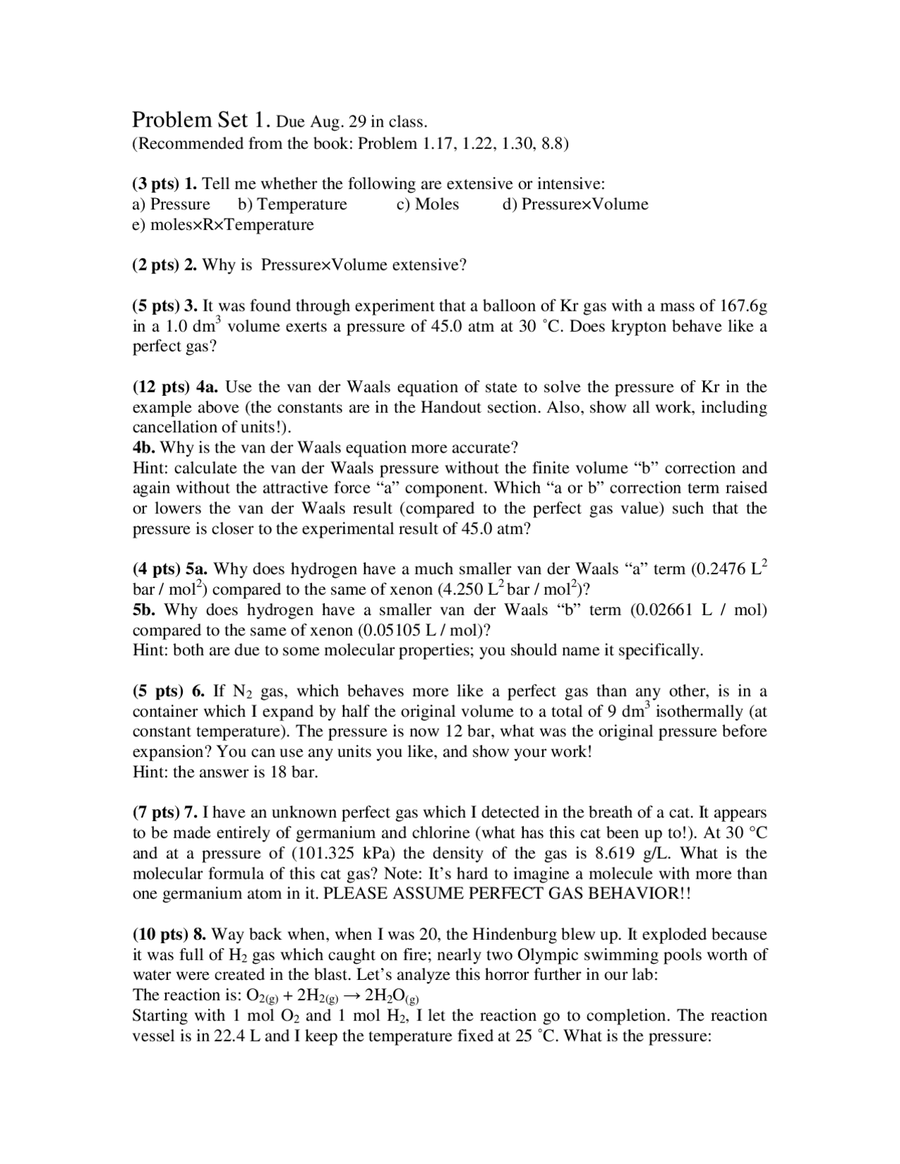 Midterm Problems For Physical Chemistry I Chem 342 Docsity