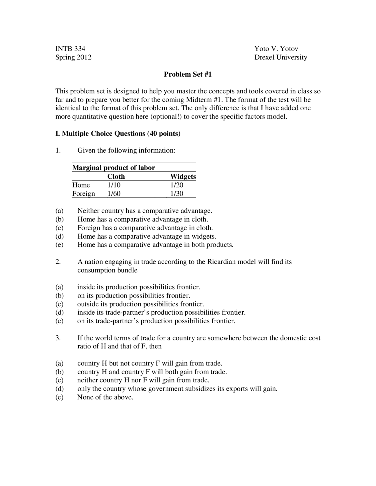Practice Problems For Exam I International Trade Intb 334 Docsity