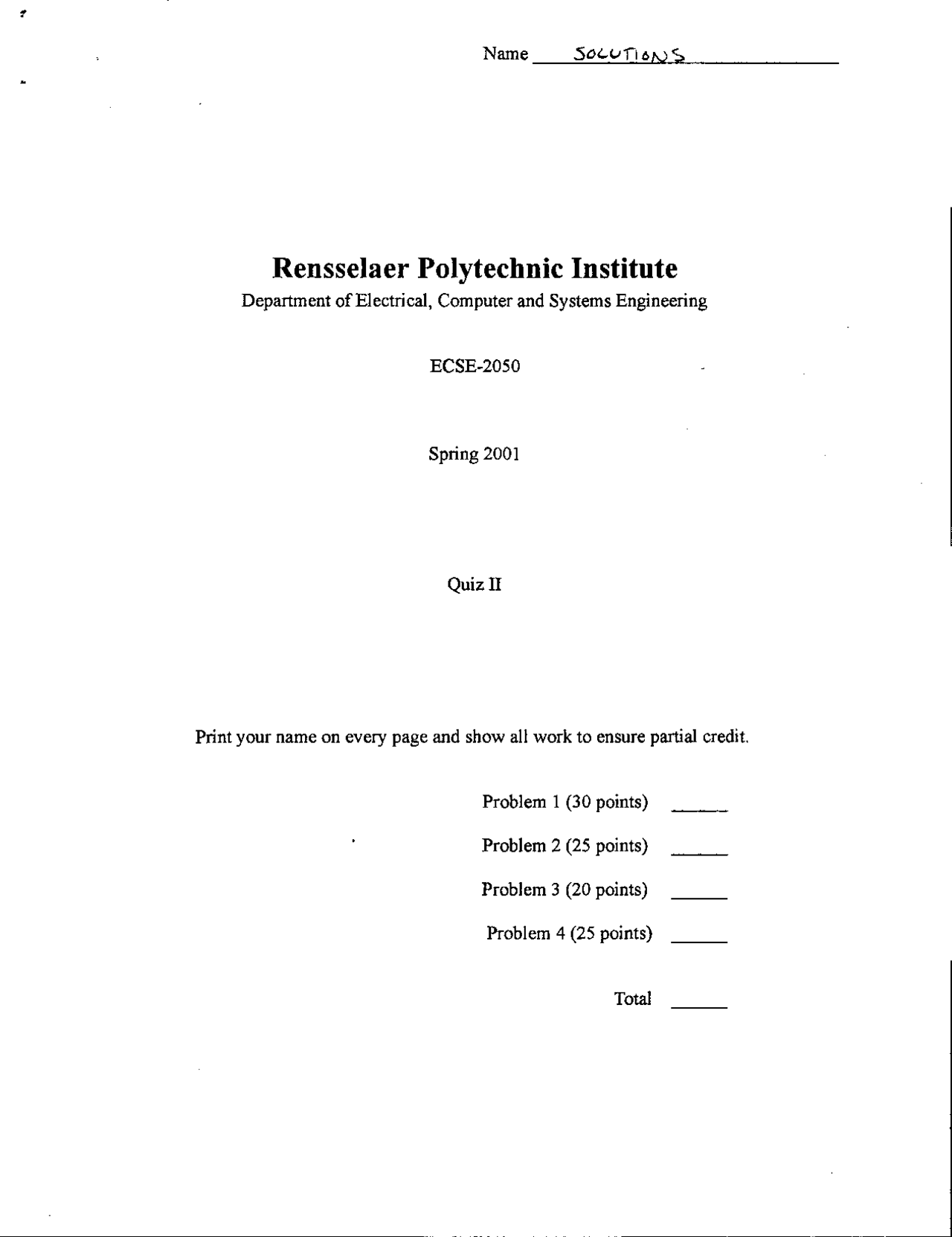 Quiz 2 With Solutions Introduction To Electronics Ecse 2050 Docsity