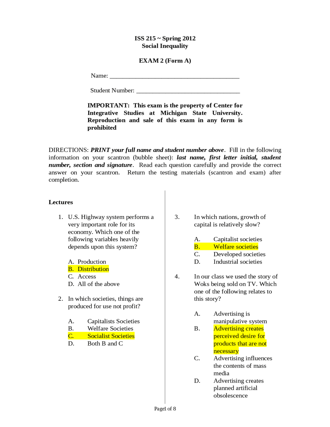 50 Solved Questions On Social Inequality Exam 2 Form A Iss 215