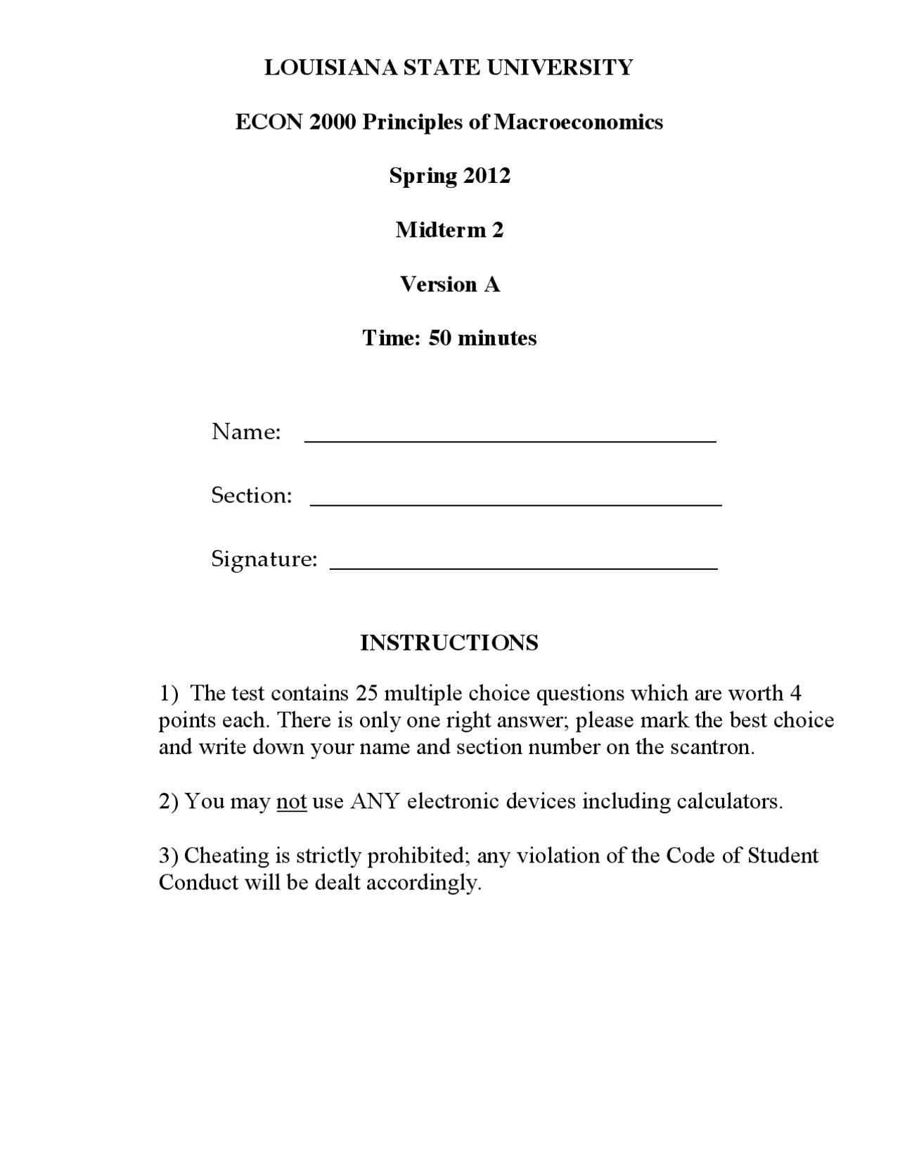 Midterm Exam 2 Practice Problems on Principles of Macroeconomics | ECON 2010 | Exams ...