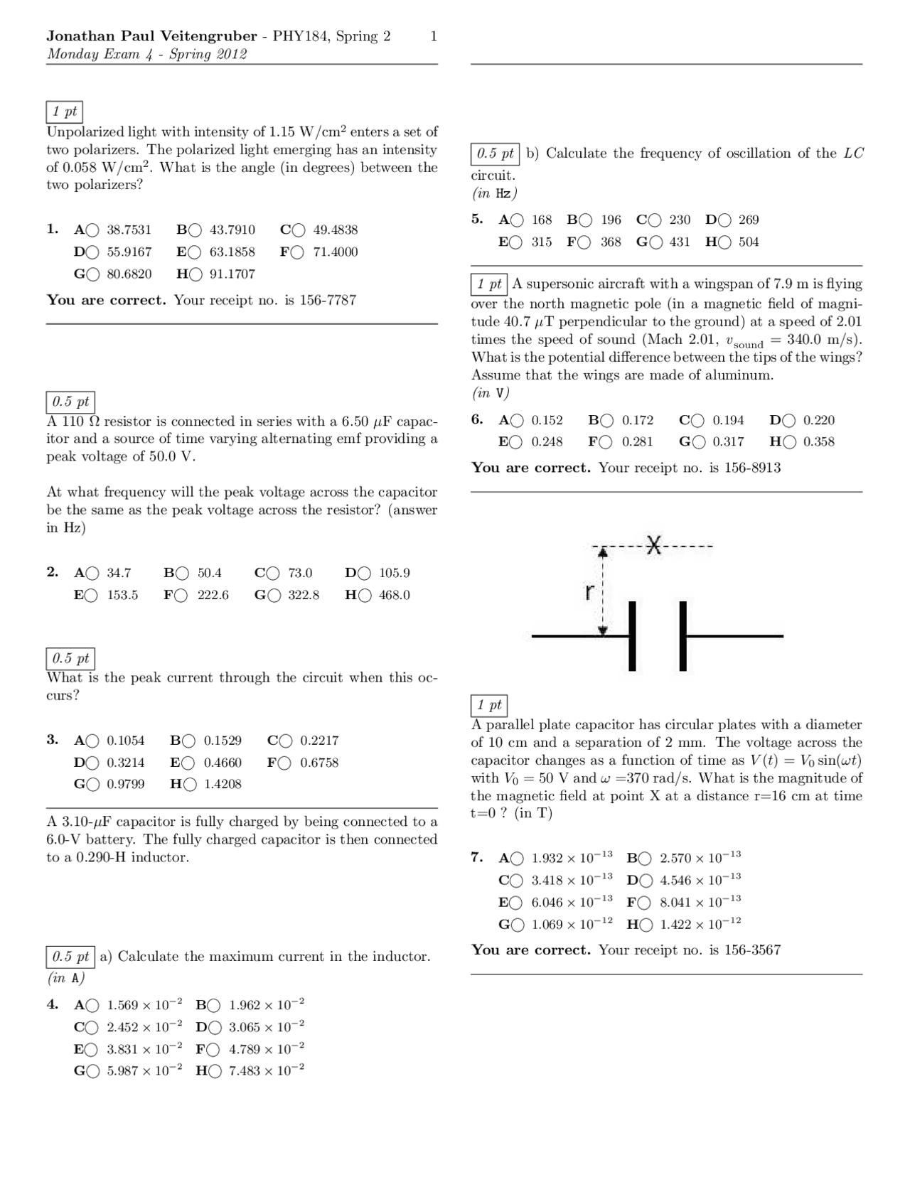 Exam 4 Questions Physics Scientists And Engineers Ii Spring 2012