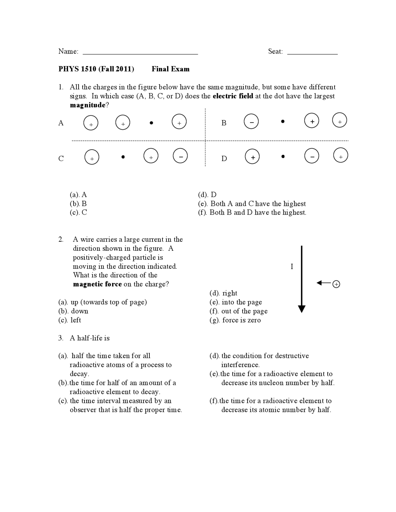 20 Problems For Final Exam General Physics Ii Phys 1510 Docsity