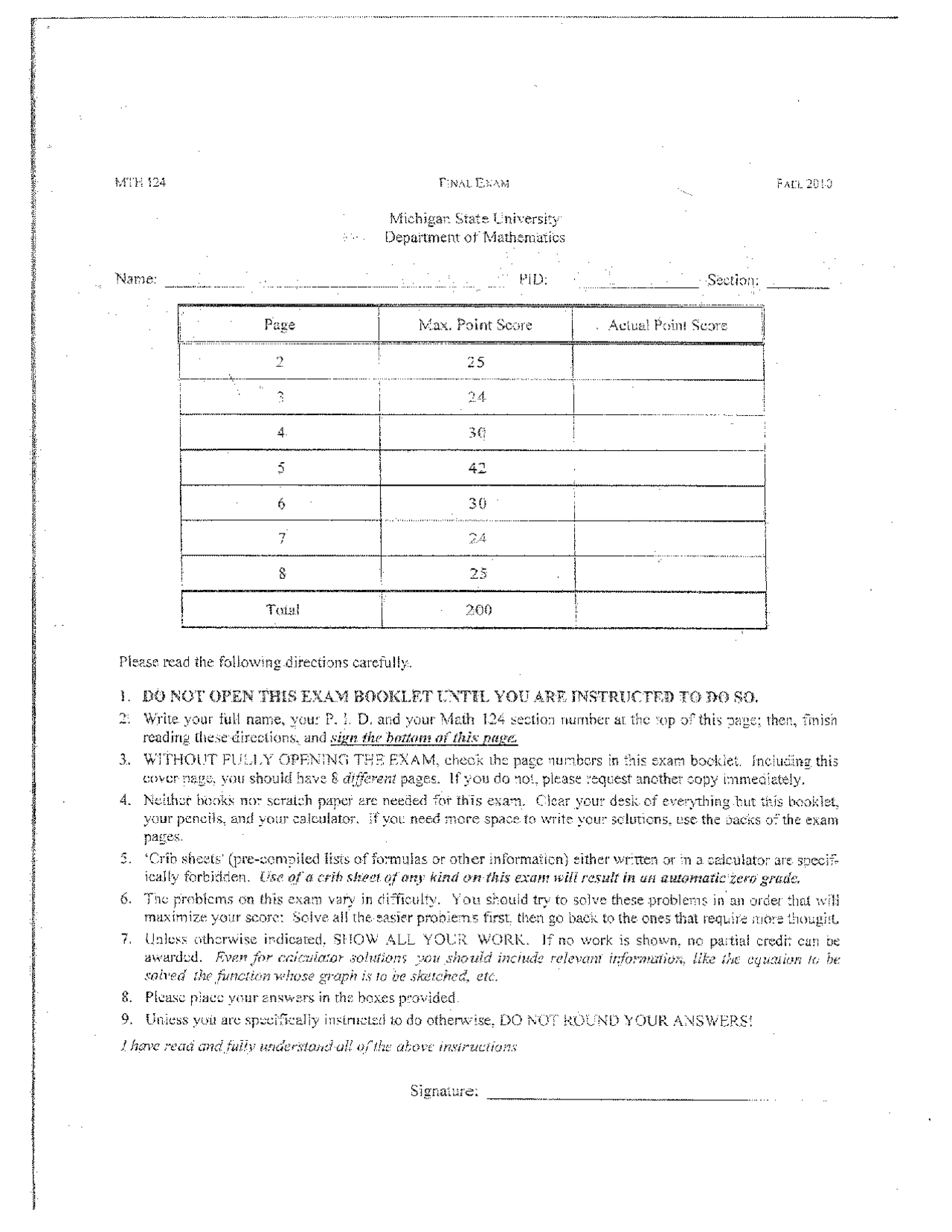 Final Exam With Answers Survey Of Calculus I Mth 124 Docsity