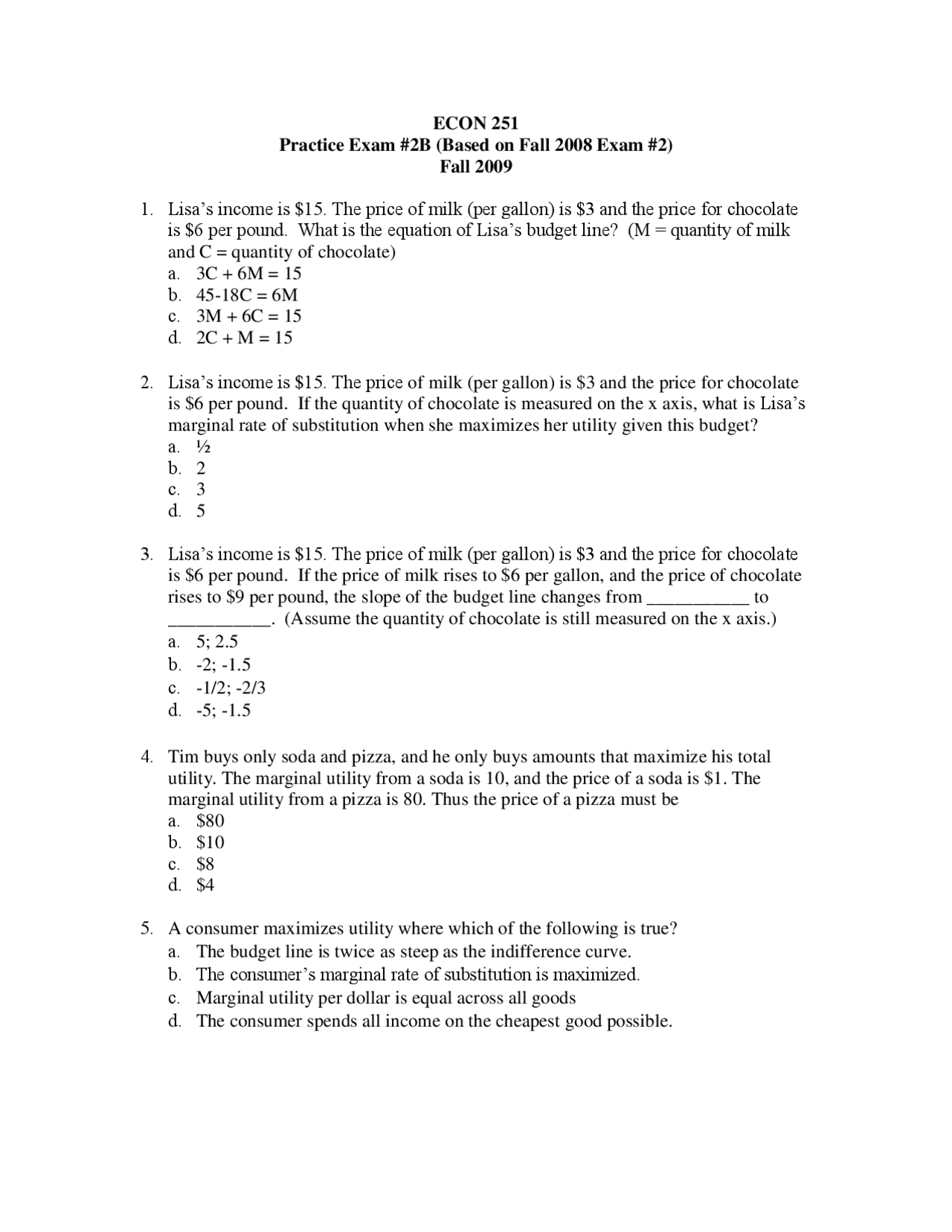 Microeconomics 40 Multiple Choice Questions Examination 2 Econ