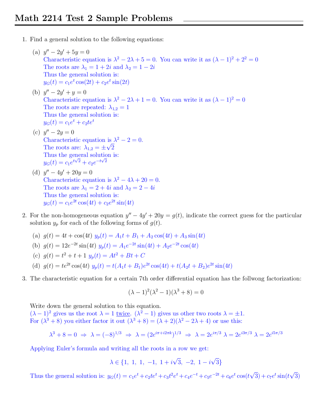 Test 2 Sample Problems Introduction Differential Equations Math