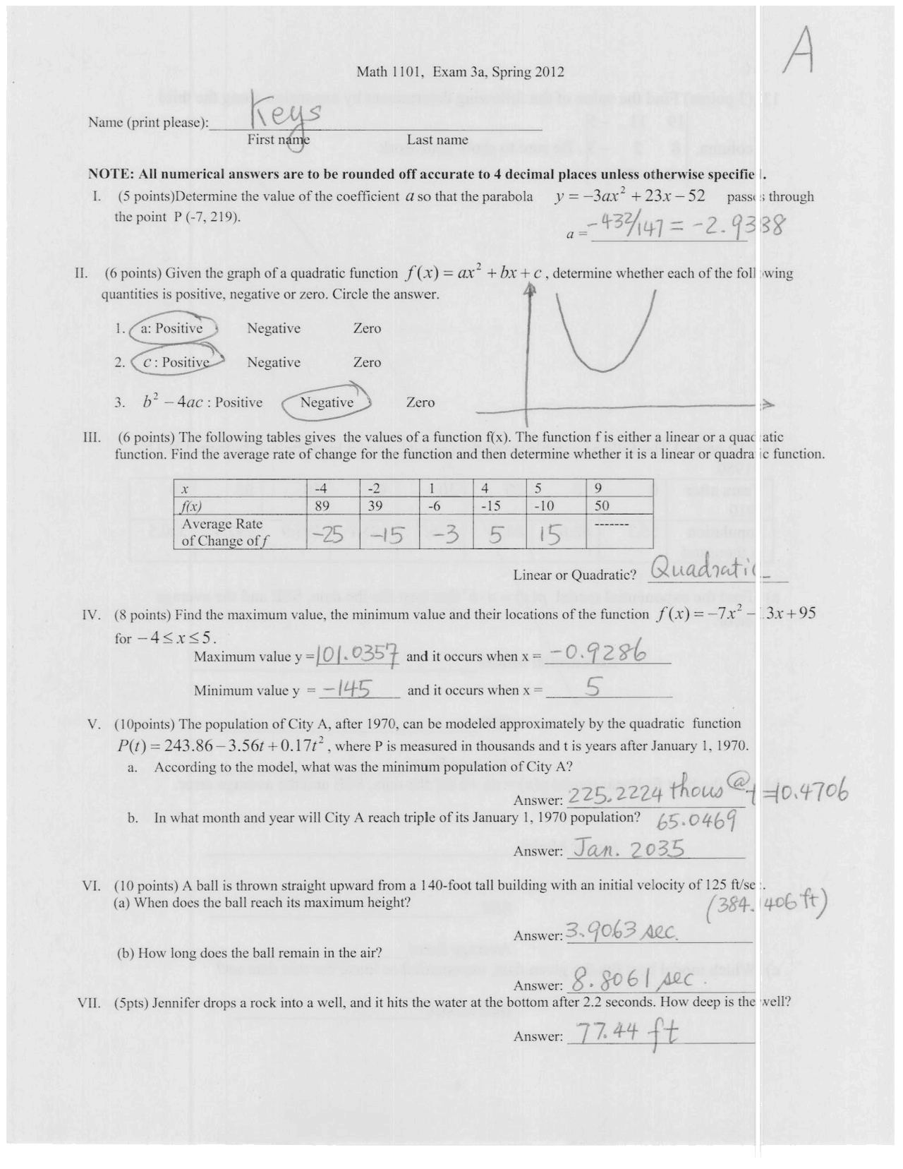 Exam 3 With Answer Key Introduction To Mathematical Modeling Math