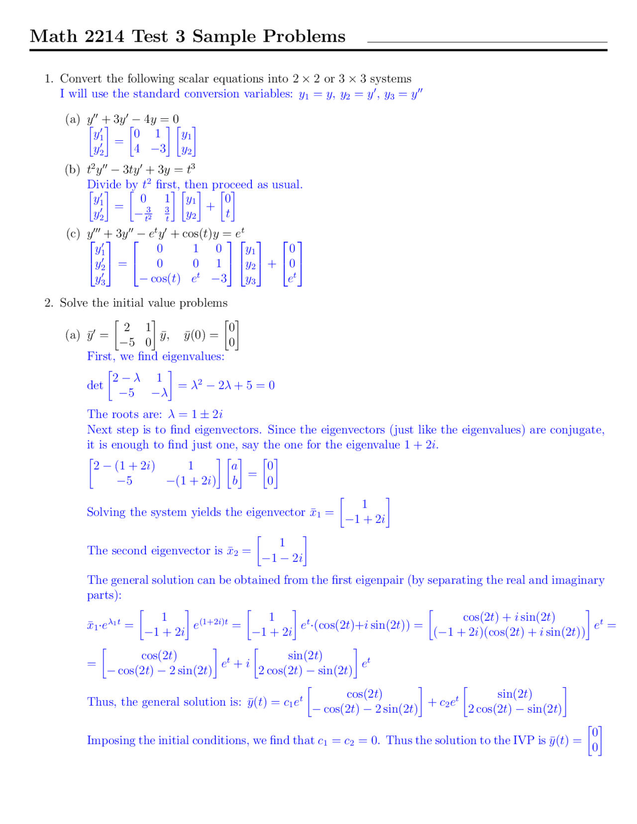 Solved Test 3 Sample Problems Differential Equations Math 2214