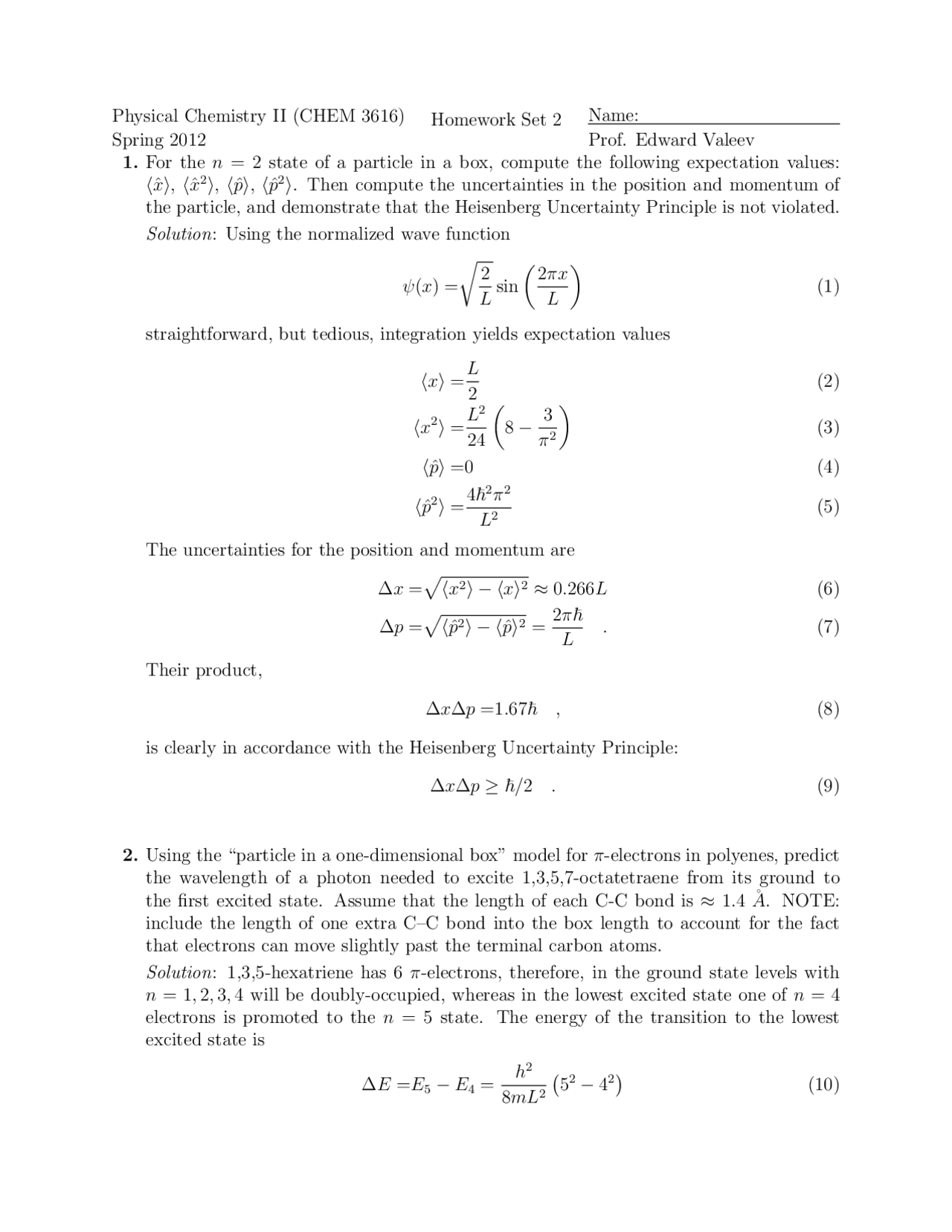 Homework Set 2 With Solution Physical Chemistry Chem 3616 Docsity