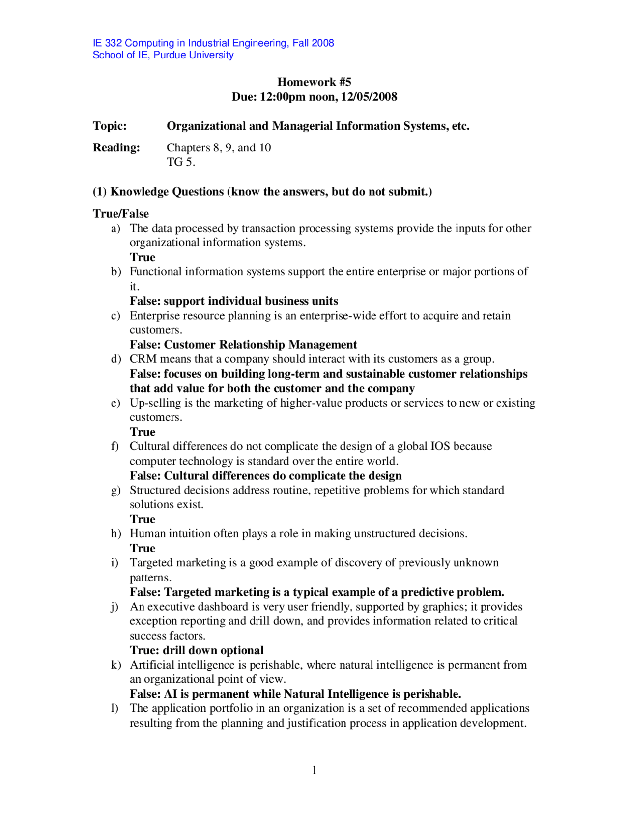 IE 332 Industrial Engineering Homework #5: Organizational IS and IS ...