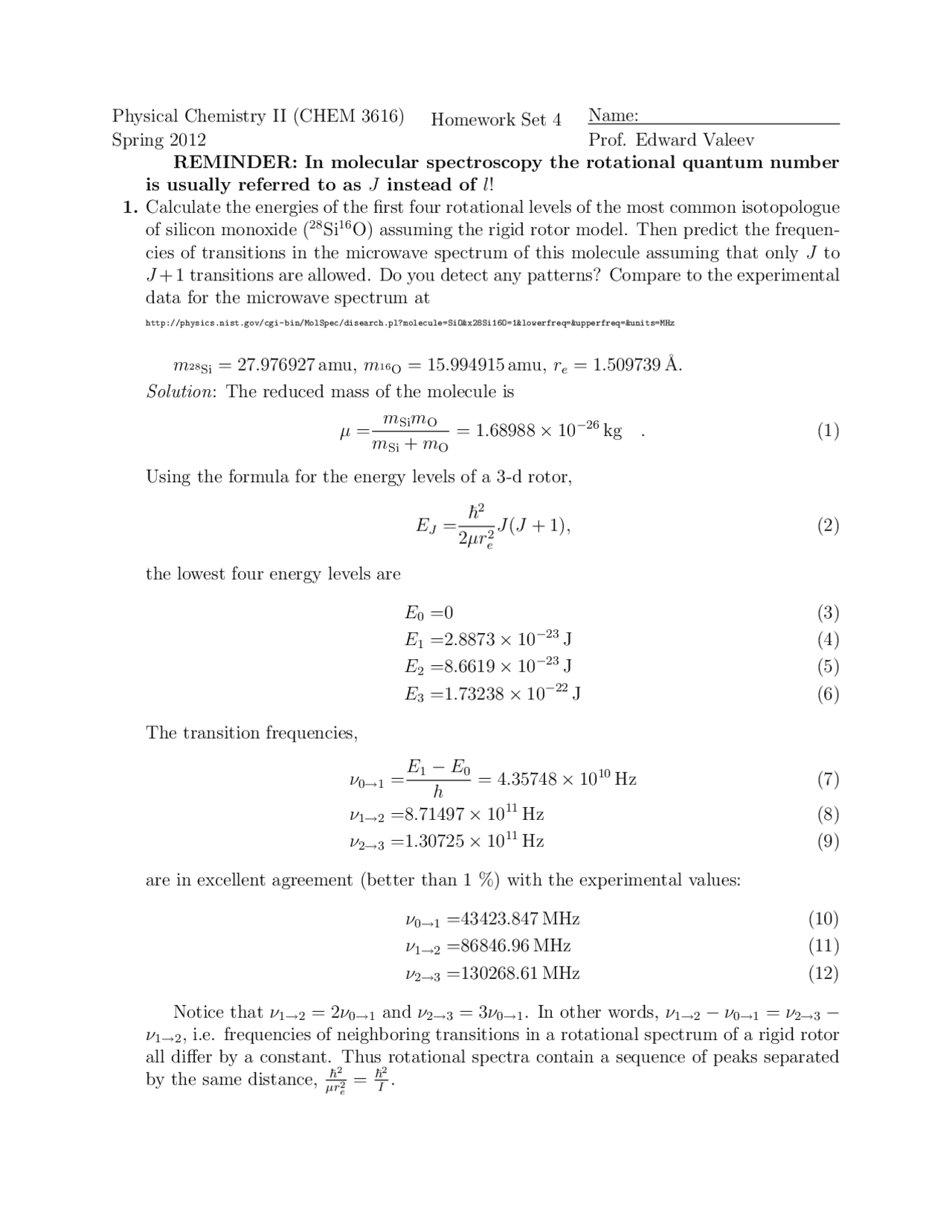 Rotational Quantum Number in Molecular Spectroscopy | CHEM 3616 - Docsity