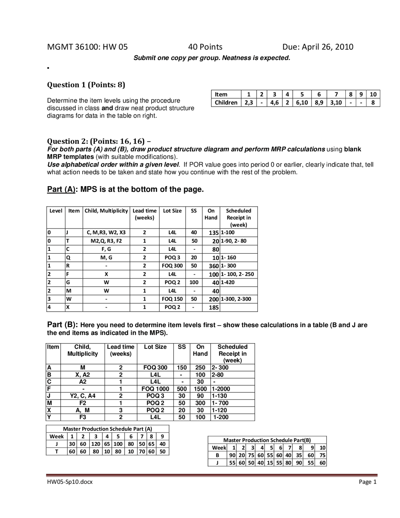 Homework 5 Operations Management Fall 2010 Mgmt 36100 Docsity