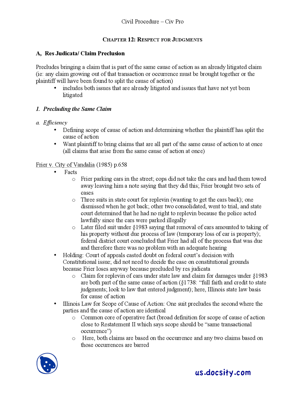 Respect for Judgments, Same Claim, Issue Preclusion - Docsity