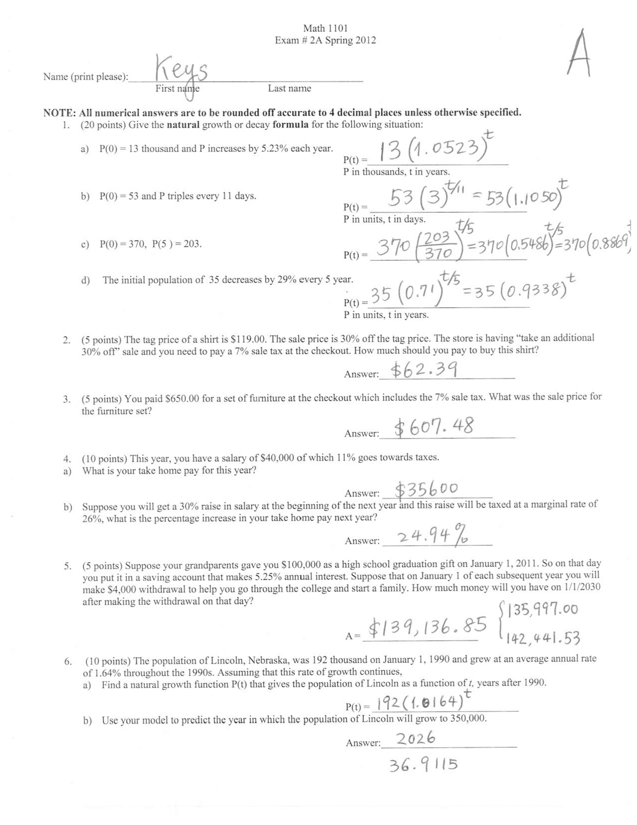 Exam 2 Solutions - Introduction to Mathematical Modeling | MATH 1101 ...