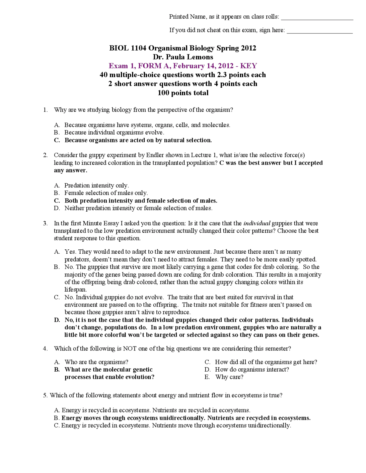 Solved Questions For Test I Organismal Biology Biol 1104 Docsity