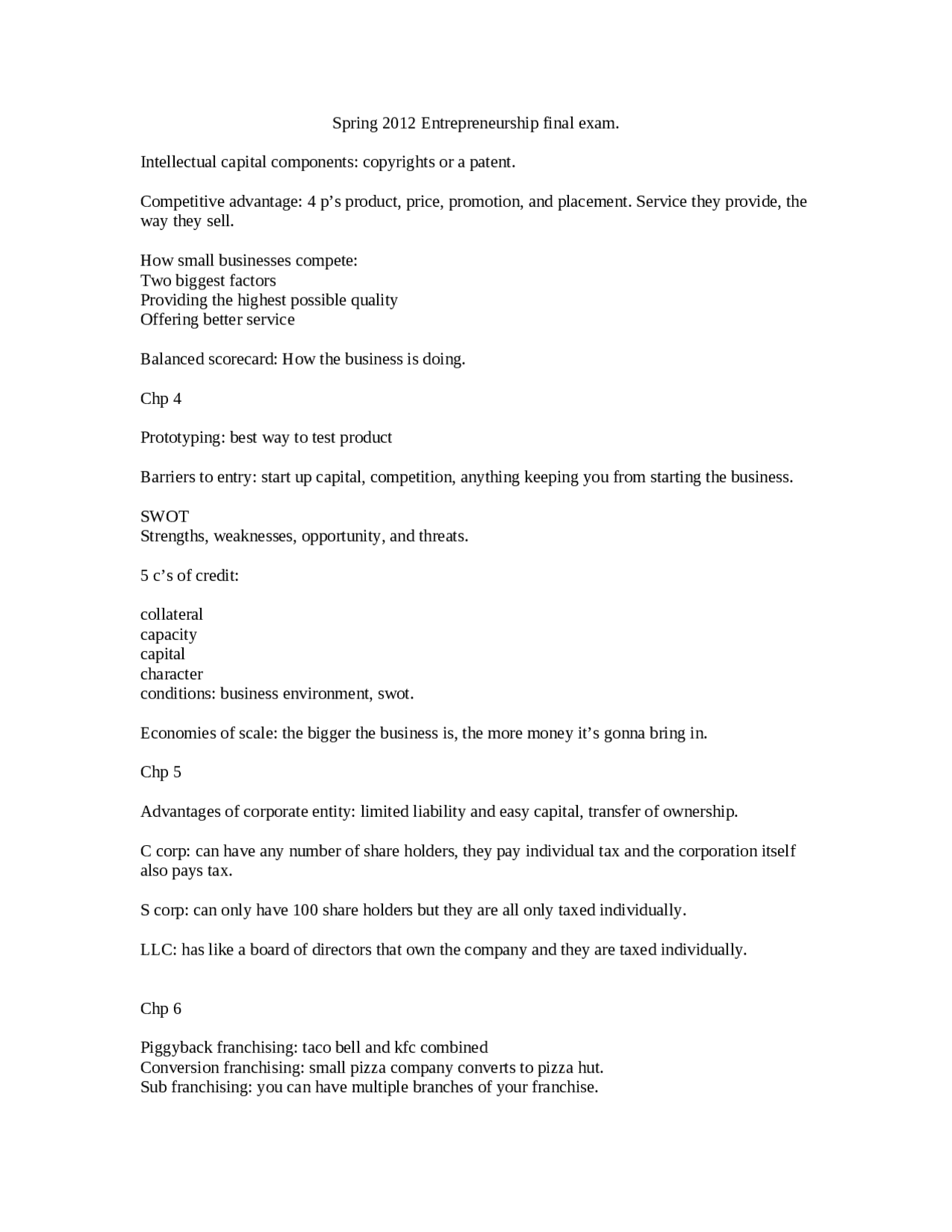 Final Exam Notes on Entrepreneurship | BCEN 2900 - Docsity