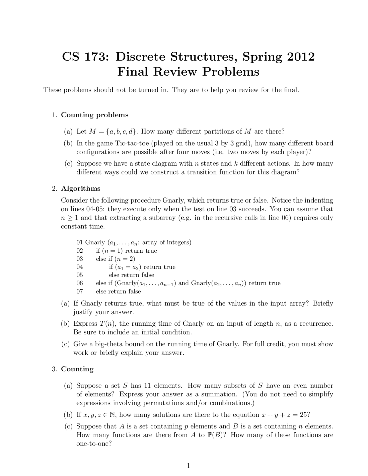 Counting Problems, Algorithms, Binomial Theorems and Power Sets | CS 173 - Docsity