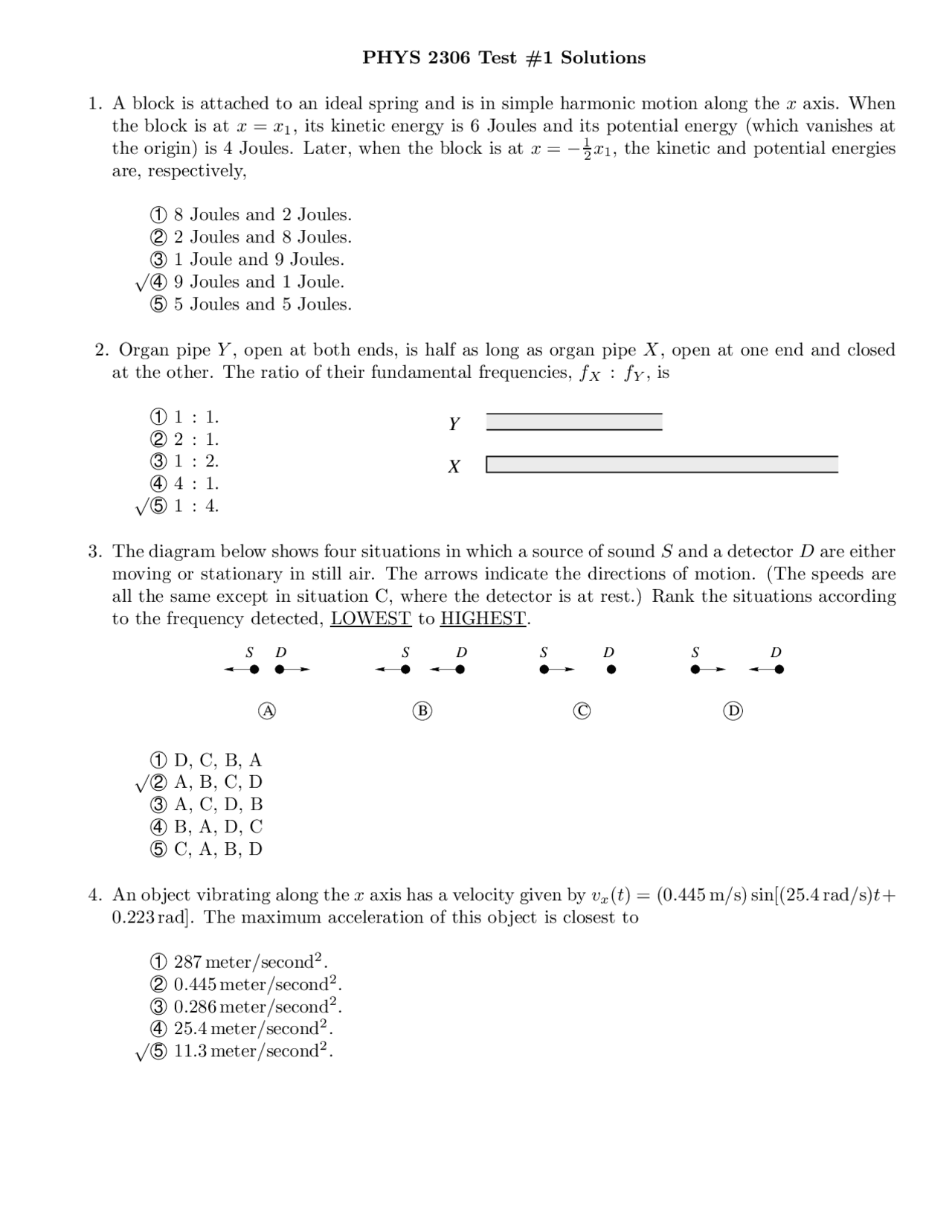 Test #1 Solutions - Foundations of Physics I | PHYS 2306 - Docsity