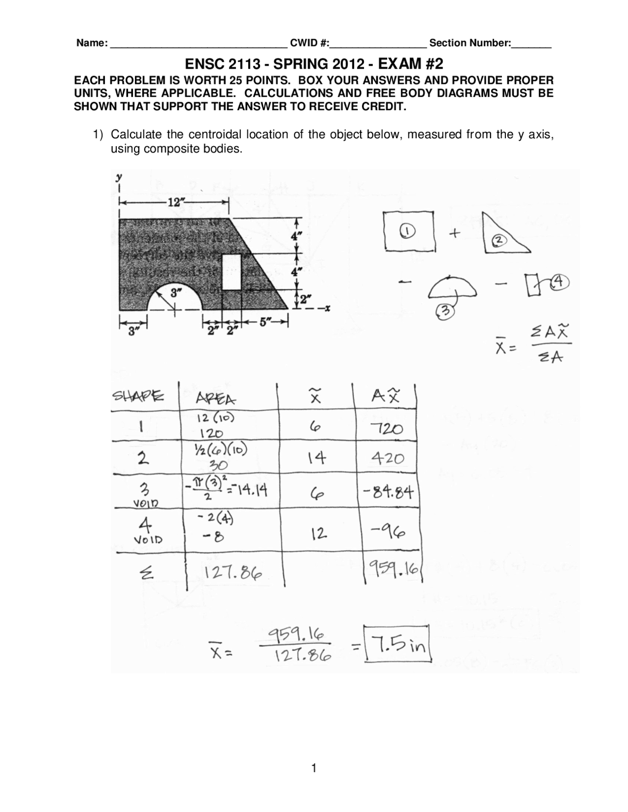 Exam 2 With Solution For Statics Spring 2012 Ensc 2113 Docsity