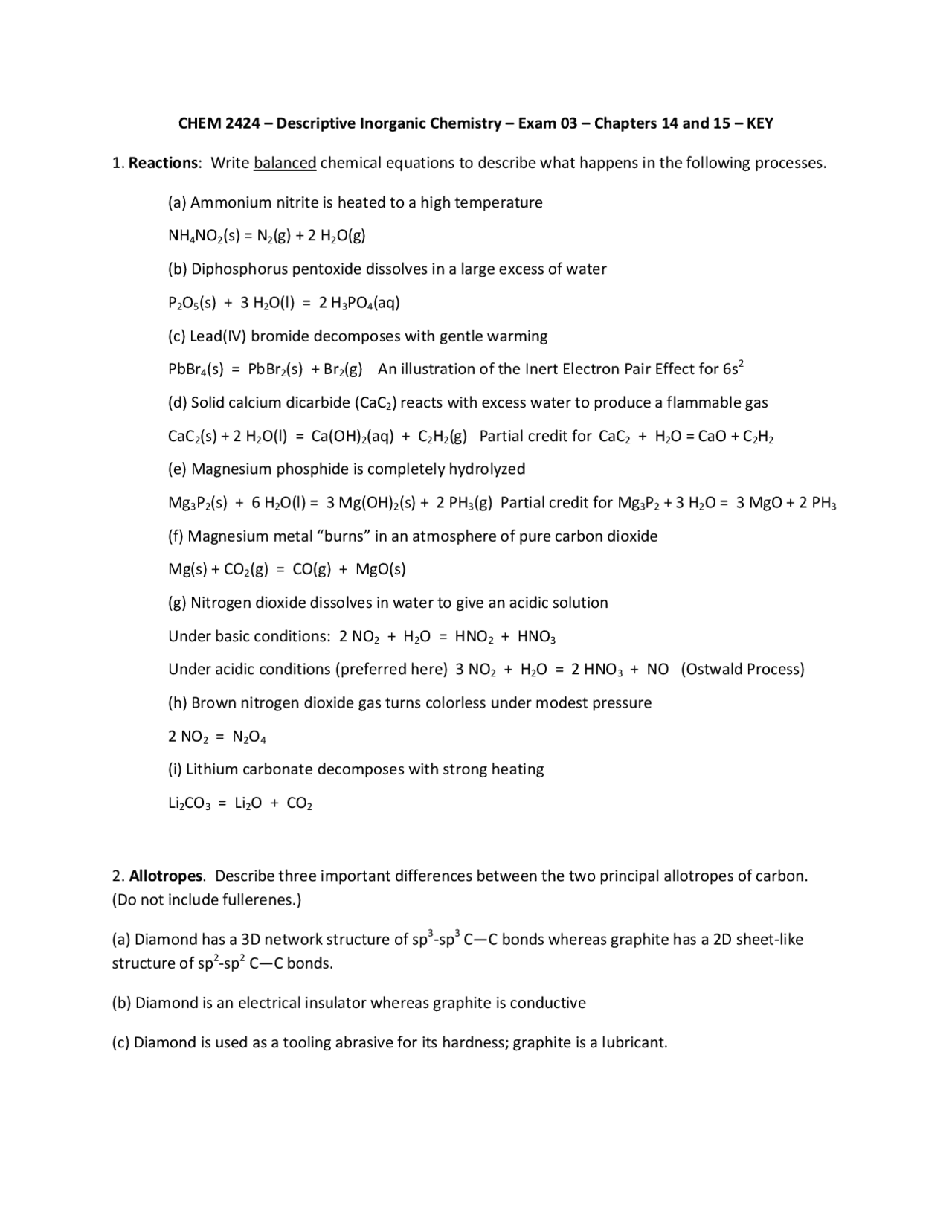 Chapters Exercise Key Exam Solution Descriptive Inorganic Chemistry