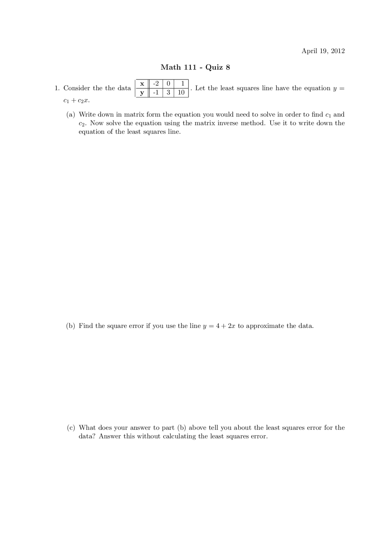 Quiz 8 For Linear Math Modeling Math 111 Docsity