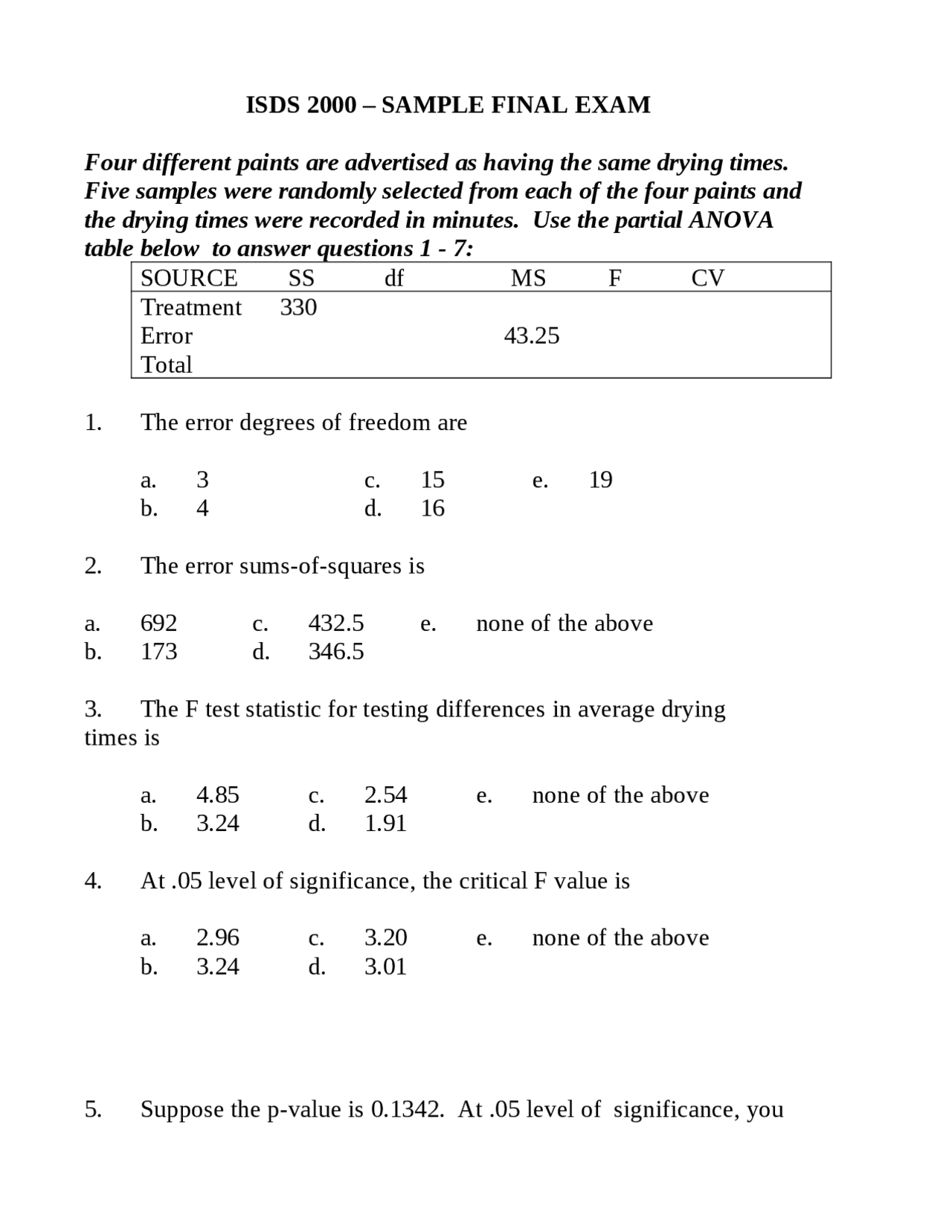 Sample Final Exam Introduction To Business Statistics Isds 2000