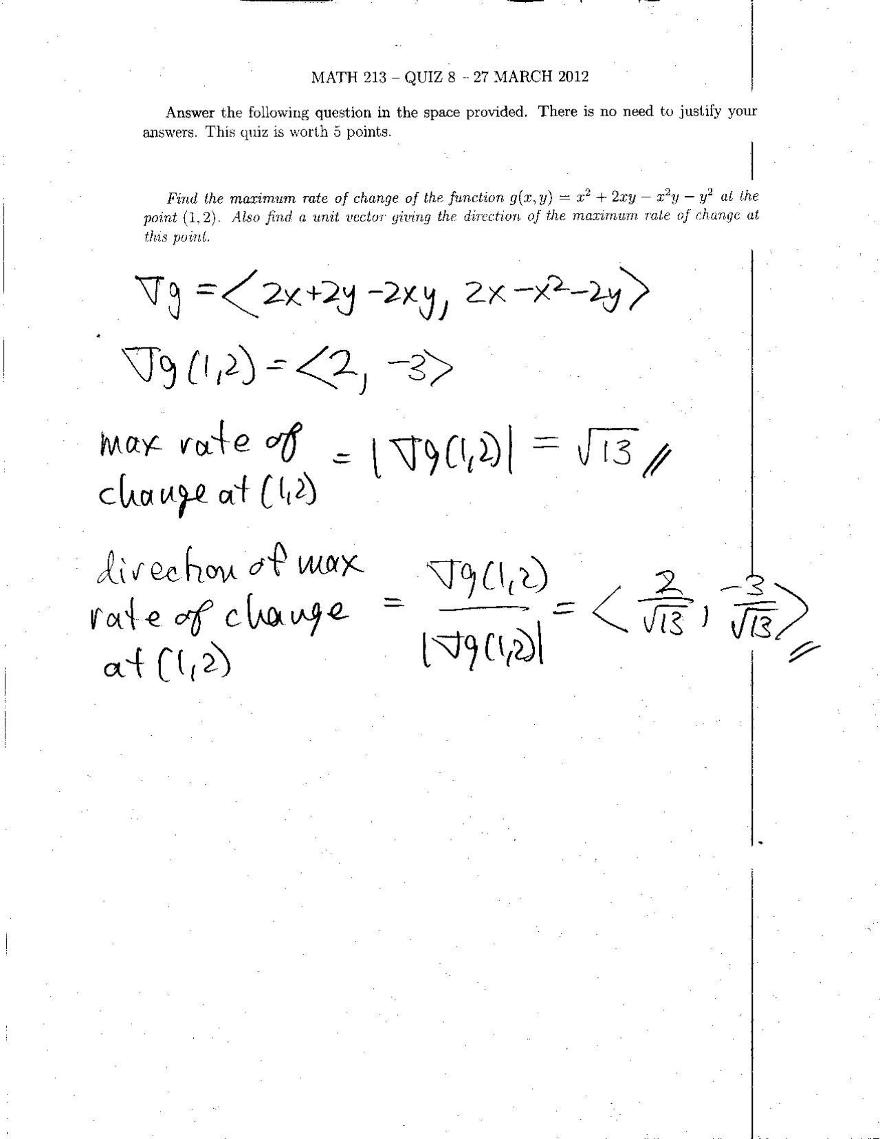 Solved Problems On The Directional Derivatives Quiz 8 Math 113